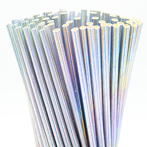 Weemium Iridescent Silver Paper Straws - Pack of 100 Biodegradable Straws for Drinking, Party & Crafts