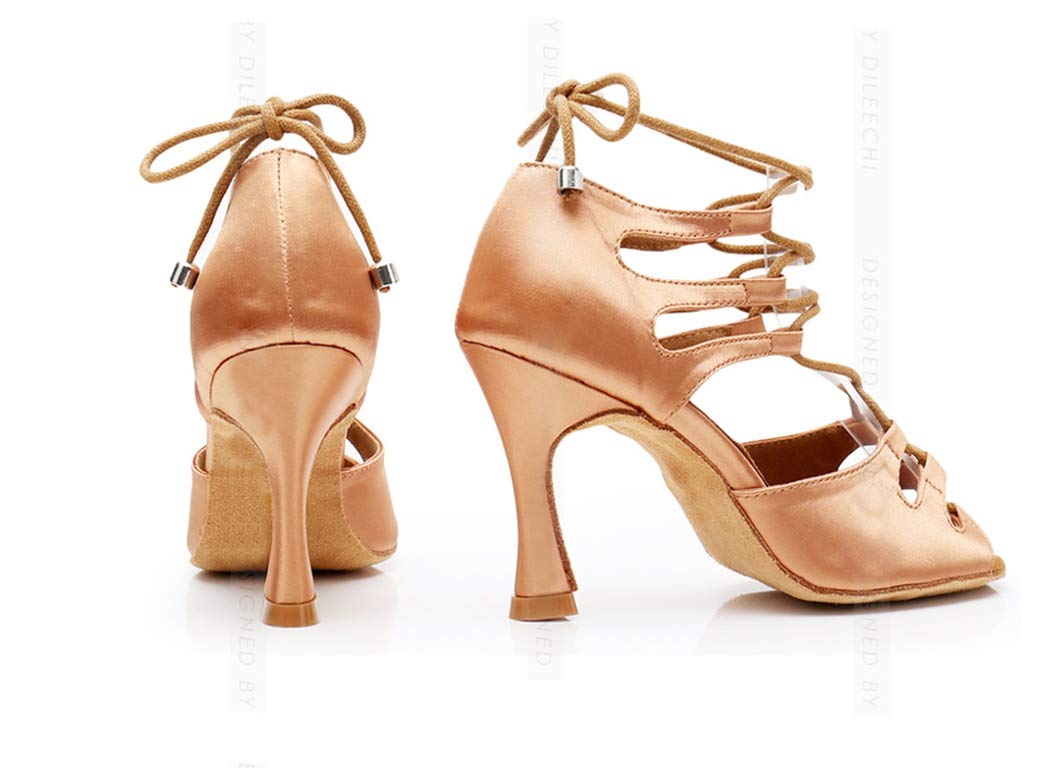 TDA Women's Sexy Lace-up Peep Toe Brown Satin Salsa Tango Ballroom Latin Dance Shoes 5.5 M US