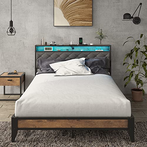 Osfvolr Full Size Bed Frame with Charging Station and LED Light, Platform Bed Frame with 2 Tier Storage Upholstered Linen Headboard, Heavy Duty Metal Structure, 12 inch Under Bed Storage, Noise Free