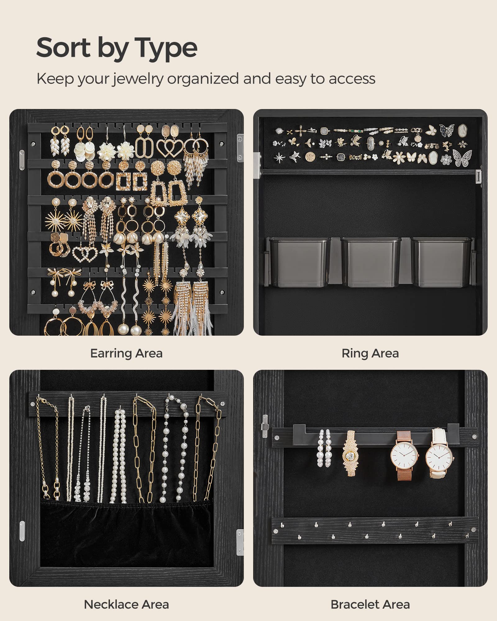 SONGMICS Mirror Jewelry Cabinet Armoire, Wall or Door Mounted Jewelry Storage, Hanging Lockable Frameless with 2 Plastic Cosmetic Organizers, Gift Idea, Black UJJC001B01