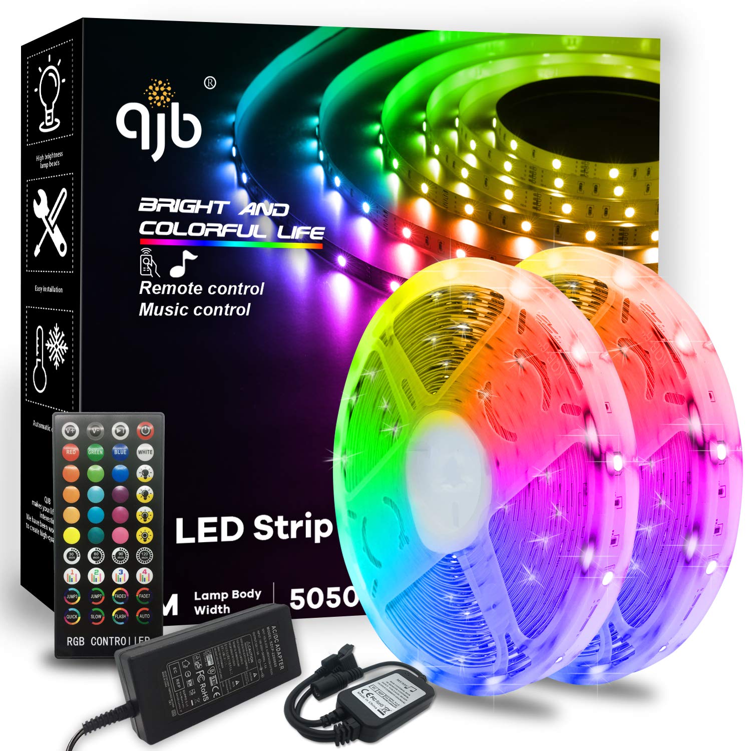 QJB LED Strip Lights Music, LED ft Music Sync Color Changing Led Lights with Timing Lights,40Key Remote,for Bedroom,Kitchen,TV, Party(16.4FT*2)