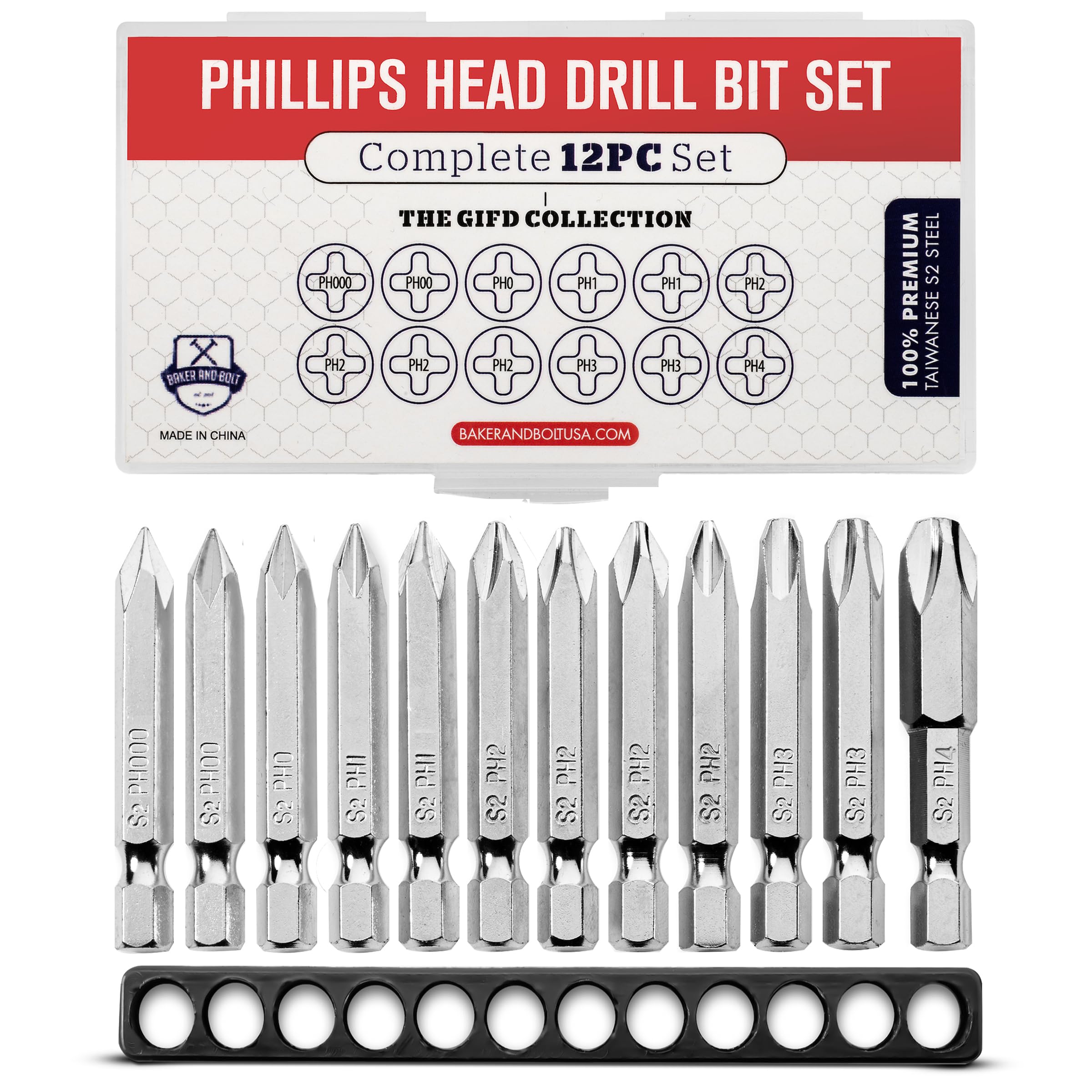 Phillips Screwdriver Drill Bit Set (Premium 12pc Complete Set) w/Storage Case and Bit Holder - 1/4in Hex Shank Magnetic Bit Set - Impact Ready - S2 Steel - Long 2in Heads for Drills. Baker and Bolt