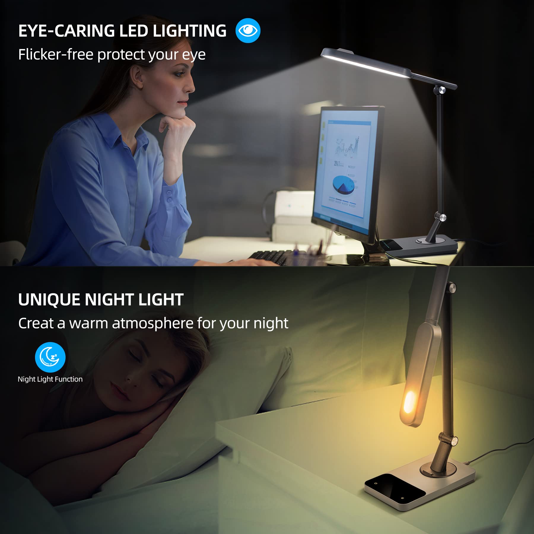 TRONTORE LED Desk Lamp with USB Charging Port,Dimmable Home Office Bright Reading Table Lamp,5 Color Modes 6 Brightness Level, Touch Control,Auto Timer,Memory Function,Eye Caring (Black an Grey)