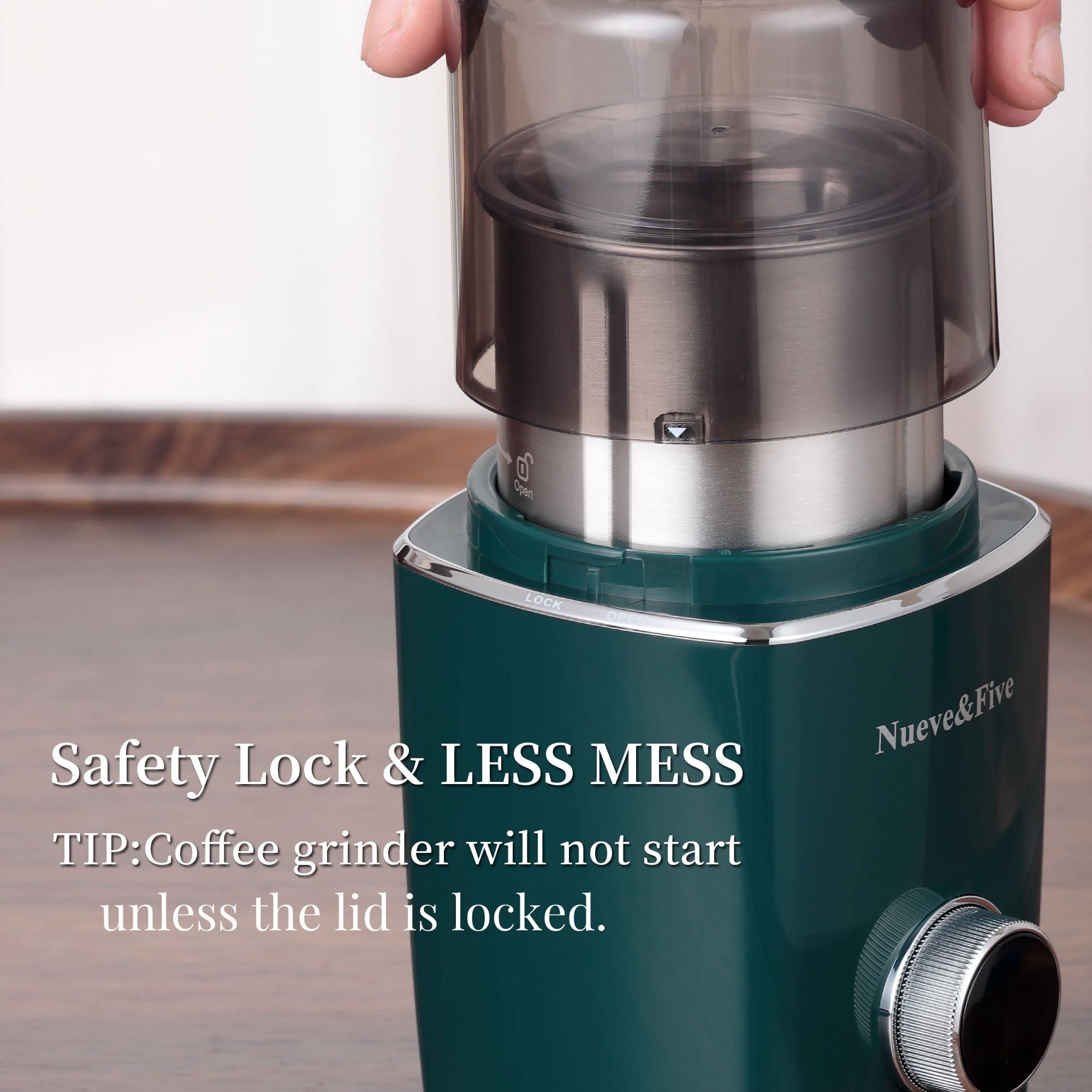 Nueve&Five Adjustable Coffee Grinder Electric, Cordless Coffee Grinder Espresso, Electric Coffee Grinder With Timing Setting, Coffee Bean Grinder Electric With Removable Stainless Steel Bowl (GREEN)