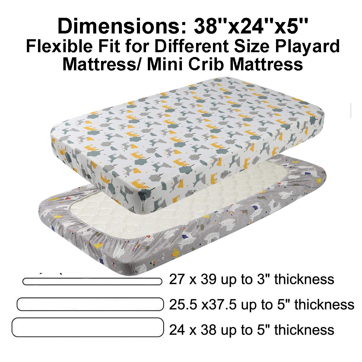 Pack n Play Playard Fitted Sheets 2 Pack Set 100% Jersey Knit Cotton Soft Breathable Portable Mini Crib Mattress Cover for Baby Boy Girl, Llamas and Deers Pattern, White and Grey