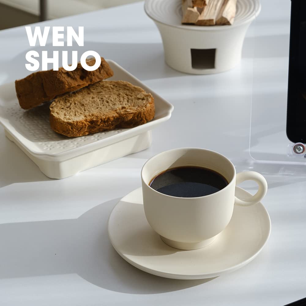 WENSHUO Cappuccino Cup, Round Retro Coffee Mug, Cup and Saucer Set, Matte Crème, 6.7 oz