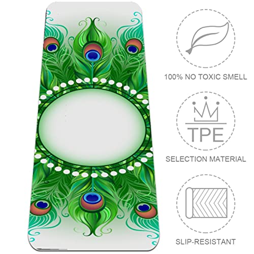 Yoga Mat, Yoga Mats for Home Workout, Workout Mat, Exercise Mats, Pilates Mat, peacock green feather ring pattern
