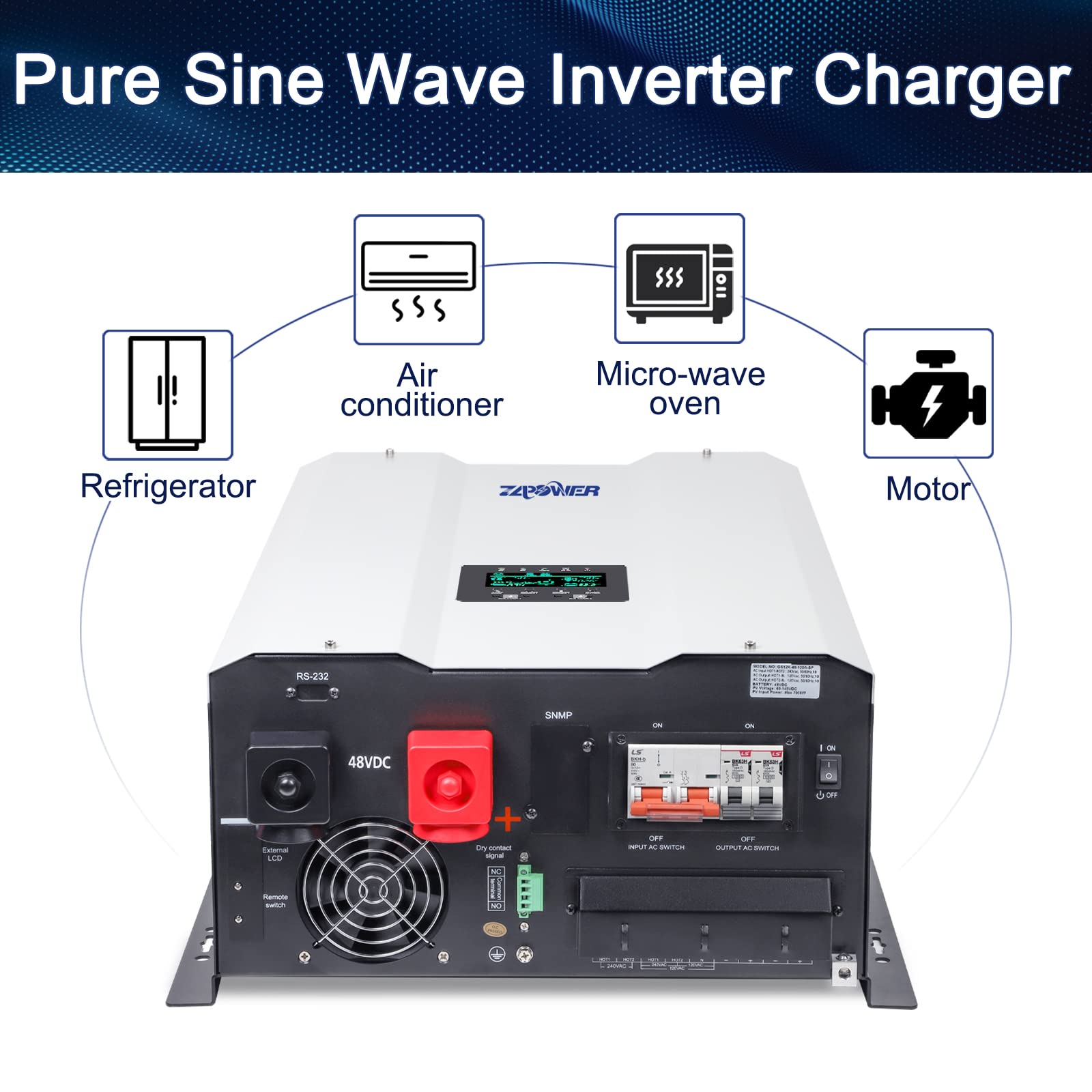 ZLPOWER UL1741 10KW Solar Off Grid Inverter 110/220Vac Low Frequency DC 48V AC Input 240V AC Output 120V/240V Split Phase Pure Sine Wave Power Converter,with 2x60A MPPT Charger Controller 10000W