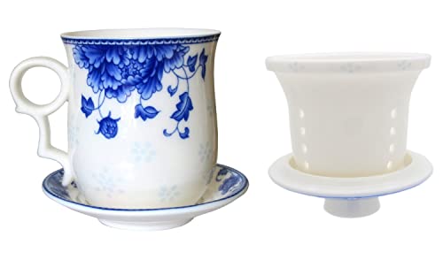 Tea Talent Porcelain Tea Cup with Infuser Lid and Saucer Sets - Chinese Jingdezhen Ceramics Coffee Mug Teacup Loose Leaf Tea Brewing System for Home Office