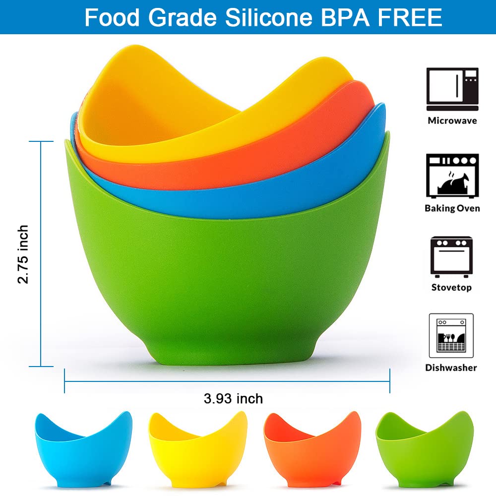 YomiFamily 4 Pack Silicone Egg Poacher Cups with Ring Standers, Nonstick Egg Poaching Cups for Air Fryer, Baking oven or Stovetop Egg Cooking, BPA Free