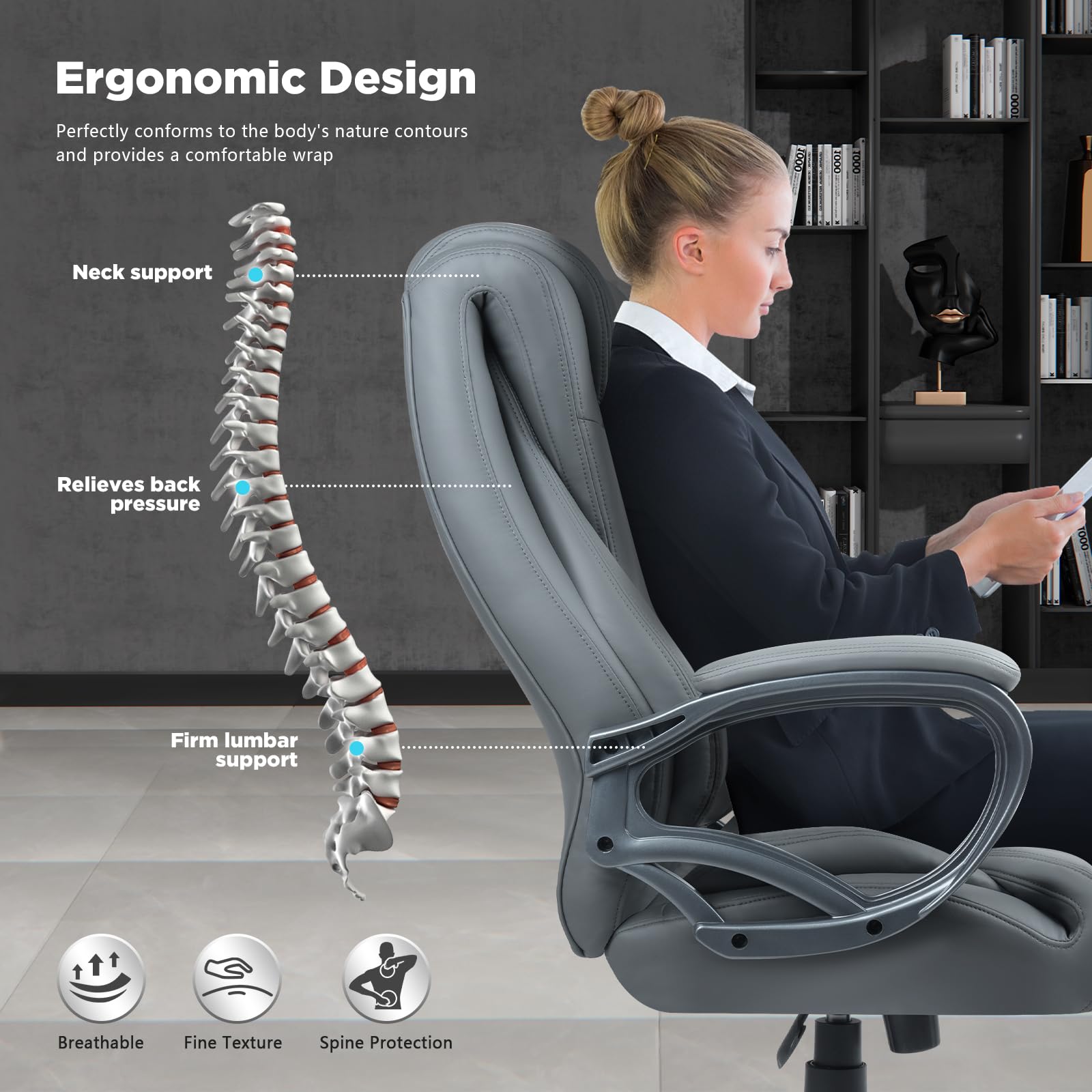 Soontrans Executive Office Chair 400lbs Big and Tall Office Chair for Heavy People Wide Seat Leather Desk Chair Adjustable Rocking Computer Chair Ergonomic Office Chair(Grey)