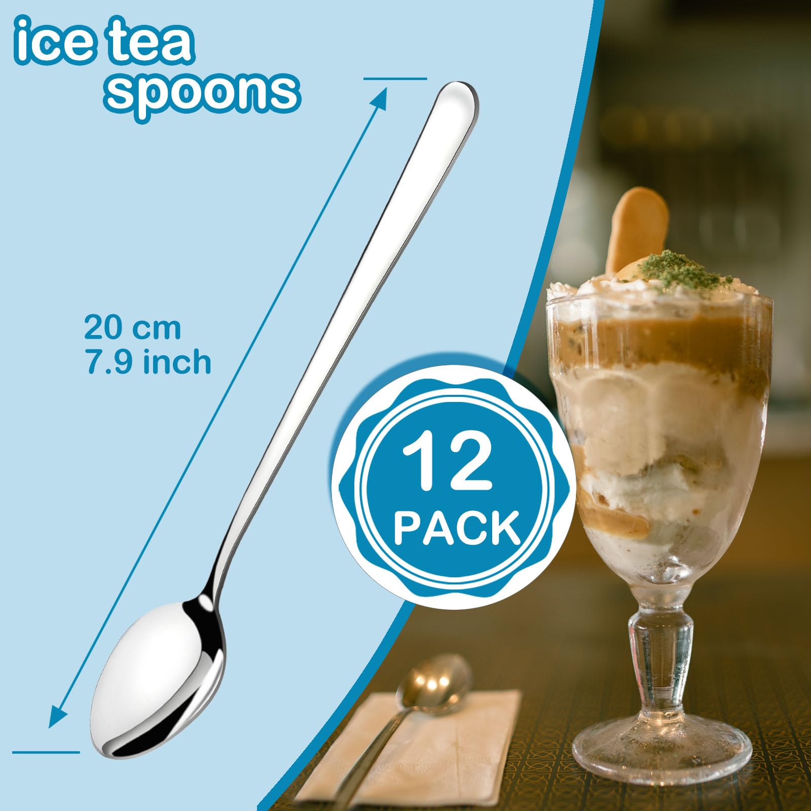 Pleafind 12-PCS Long Spoon (7.9 inch), Long Handle Iced Tea Spoons, Coffee Spoon, Ice Cream Spoon, Stainless Steel Stirring Spoon, Long Spoons for Shakes Cocktail Stirring Coffee Cold Drink