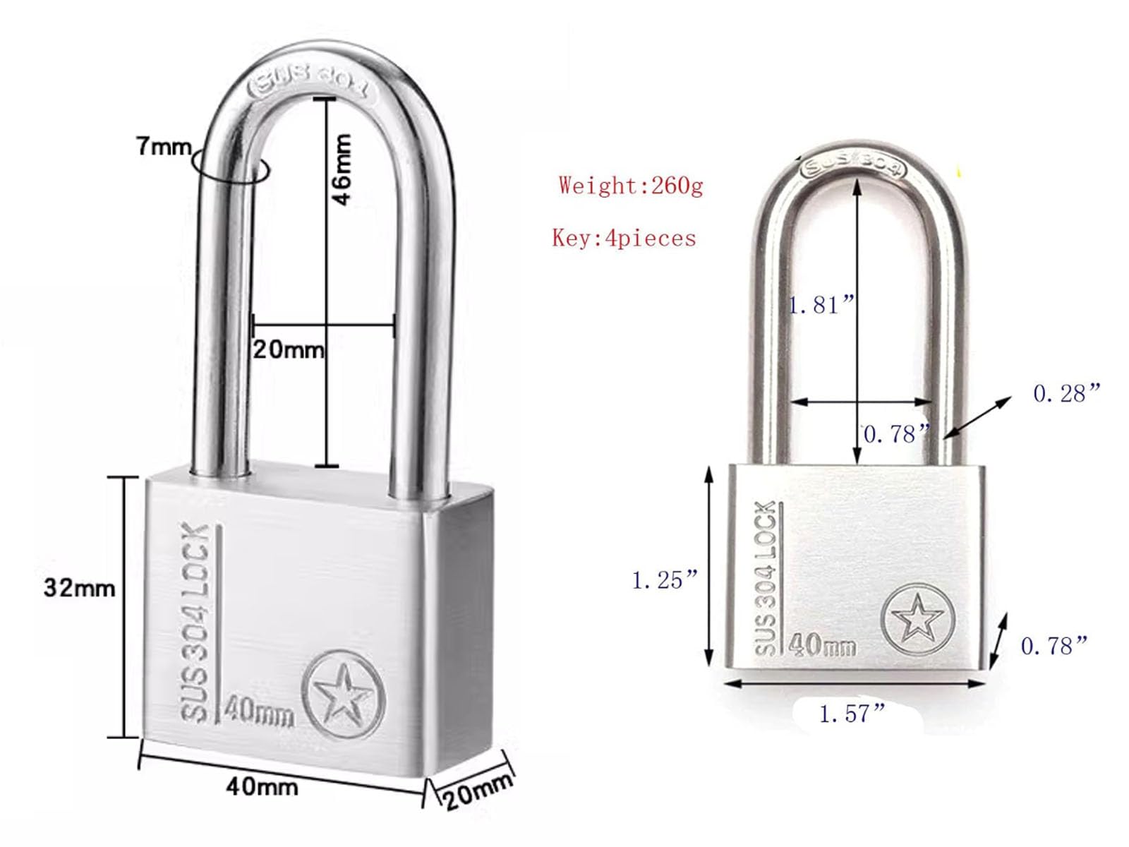 Padlock 40mm Long Beam Gym Locker Lock Keyed Padlocks,Stainless Padlock with 4 Keys,Stainless Lock with Key Padlock,Suitable for Gym Locker Lock,toolboxes,Doors, Fence,(Silver)