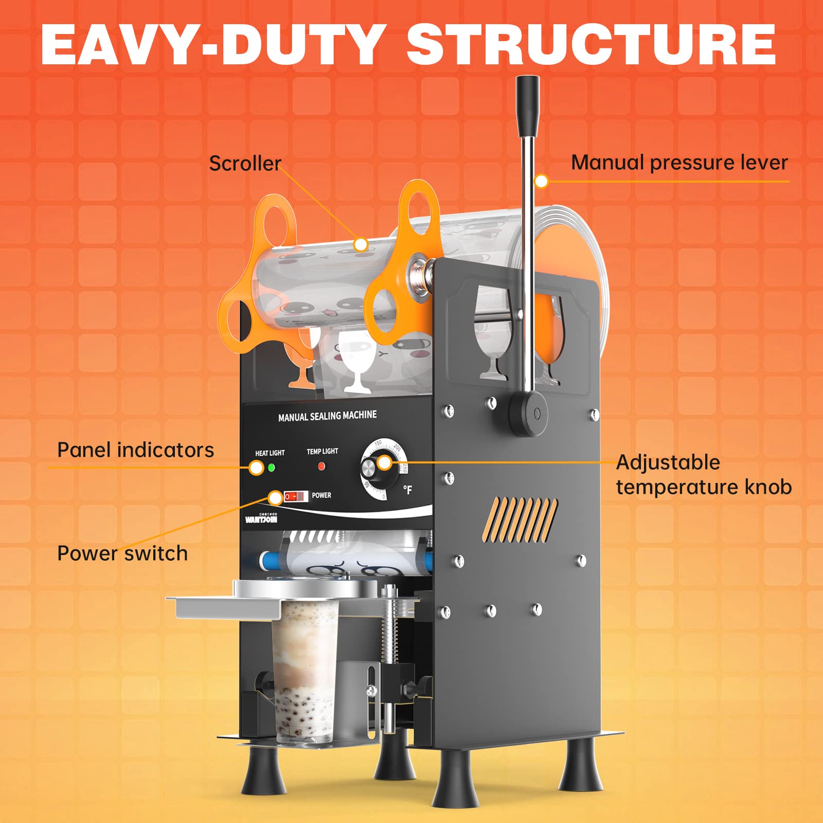 WantJoin Manual Cup Sealing Machine 300-500 Cups/h Electric Boba Tea Cup Sealer for 180mm Tall 90mm/95mm Diameter Cup Adjustable Temperature Cup Sealer