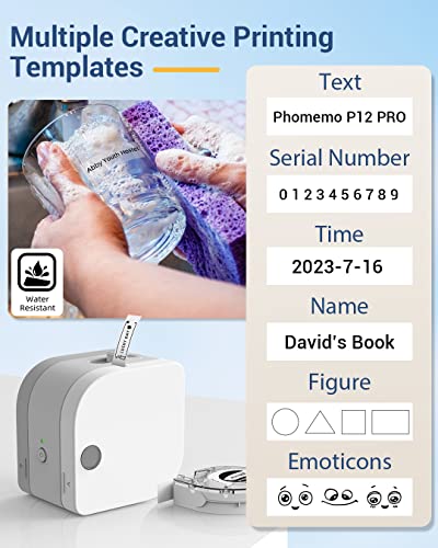 Phomemo P12 Pro Label Maker Machine with Tape, Portable Rechargeable Label Makers Wireless Label Printer Compatible with Android & iOS, Easy to Use Small Business Home Office Organization - White