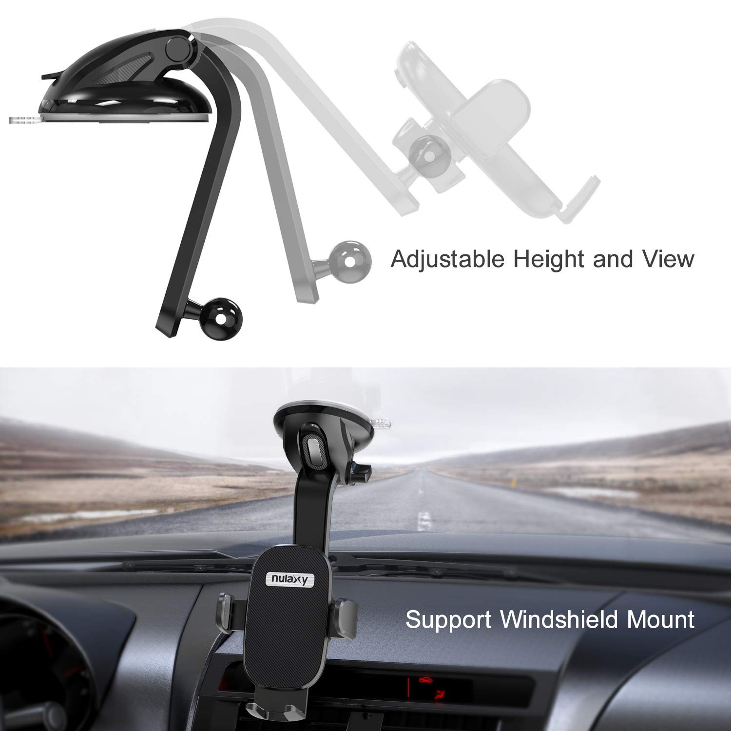 Nulaxy Phone Holder for Car, No Obstruction View Dashboard Windshield Car Phone Mount Strong Suction with Extra Gel Pad for iPhone 11 Pro Max/11/XS Max, Galaxy S10, Google Pixel 3 XL Other 4.7''- 6.5β