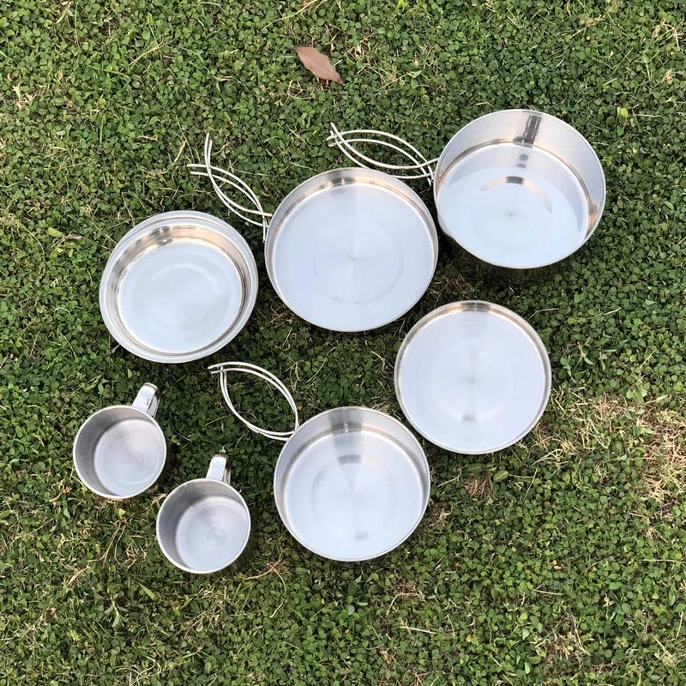 YFDM 8pcs Outdoor Pan Set Stainless Steel Stacking Pots Hiking Pot Camping Cookware Non-Stick Picnic Cooking Bowl Pot Kit