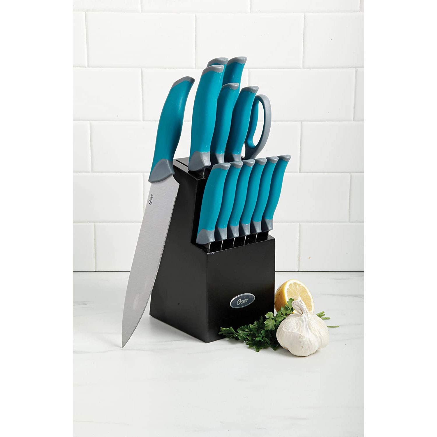 Oster Lindbergh 14 Piece Stainless Steel Cutlery Set Black Block, Teal Handles,Teal/Black