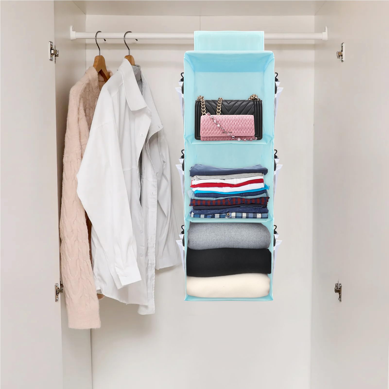 PetsHome Hanging Handbag Organizer 6 Larger Pockets Hanging Purse Organizer for Closet, Dust-Proof Purse Bag Storage Holder with Metal Hooks-White