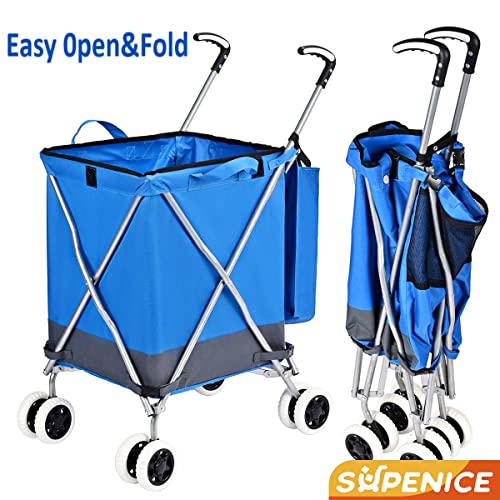 Supenice Folding Grocery Shopping Cart Rolling Utility Cart with 360° Double Front Swivel Wheels Waterproof Removable Canvas Bag with Cover for Laundry Grocery, Shopping, Baggage, Picnic (Blue)