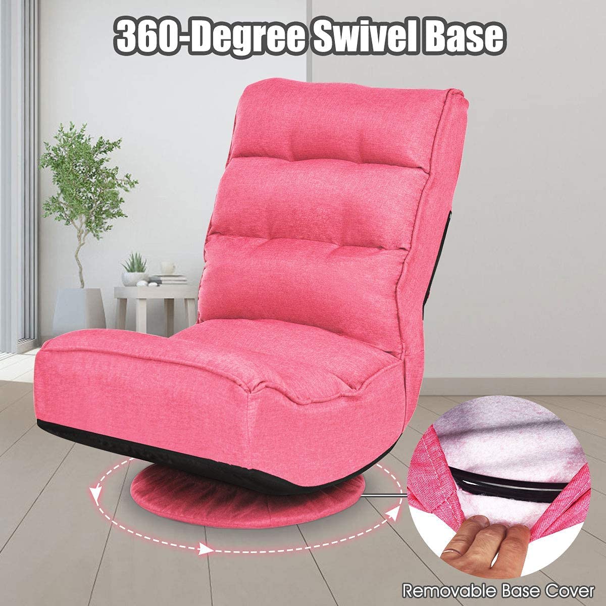 Zimbala 360 Degree Swivel Floor Sofa Chair, 6 Position Adjustable Folding Gaming Chair with Comfortable Padded Backrest, Lazy Lounge Chair for Reading, TV Watching, Gaming (Pink)