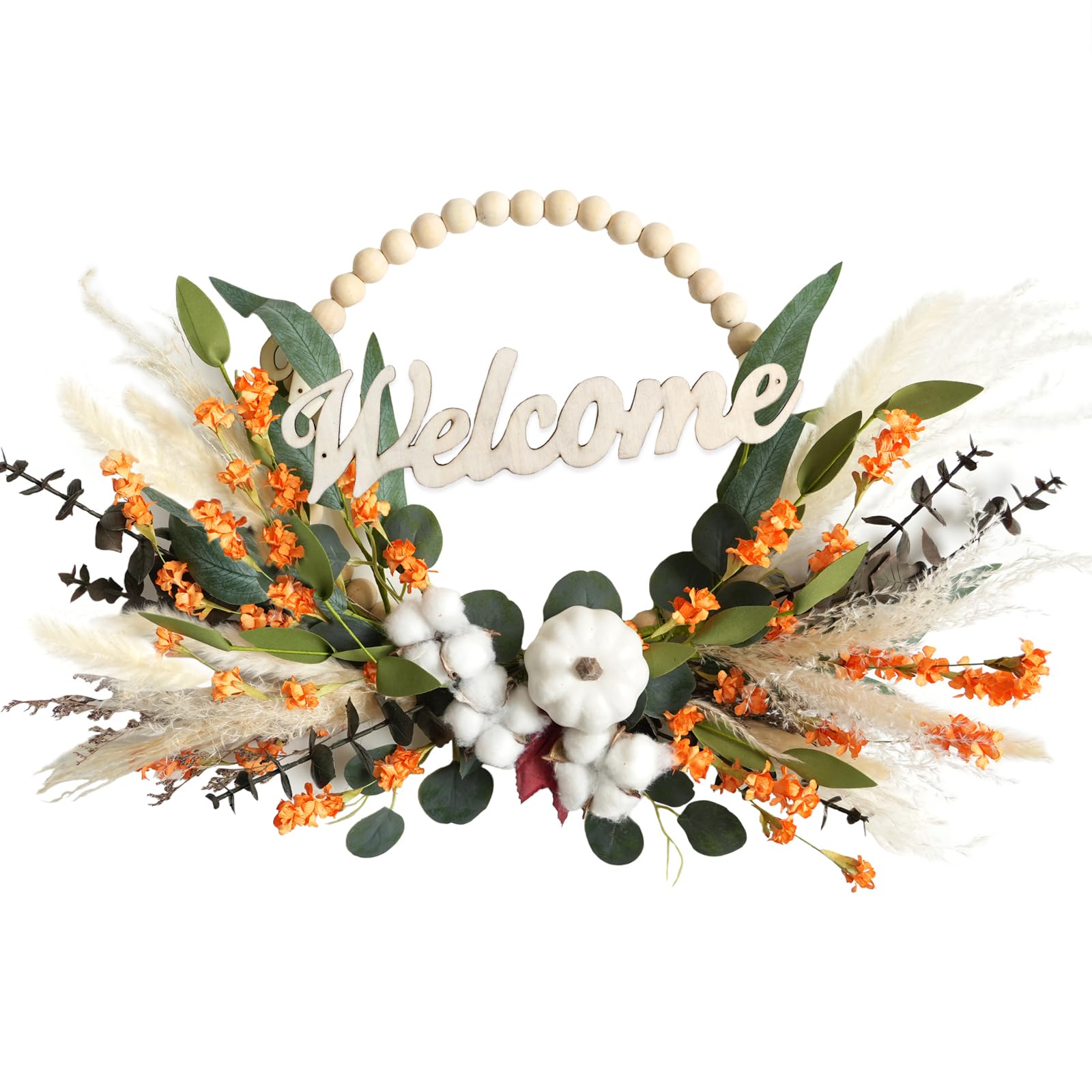 TEMPUS 16" Spring Wooden Bead Wreath Forsythia Pumpkin Wreath with Welcome Sign for Front Door Decorations Farmhouse Decorations