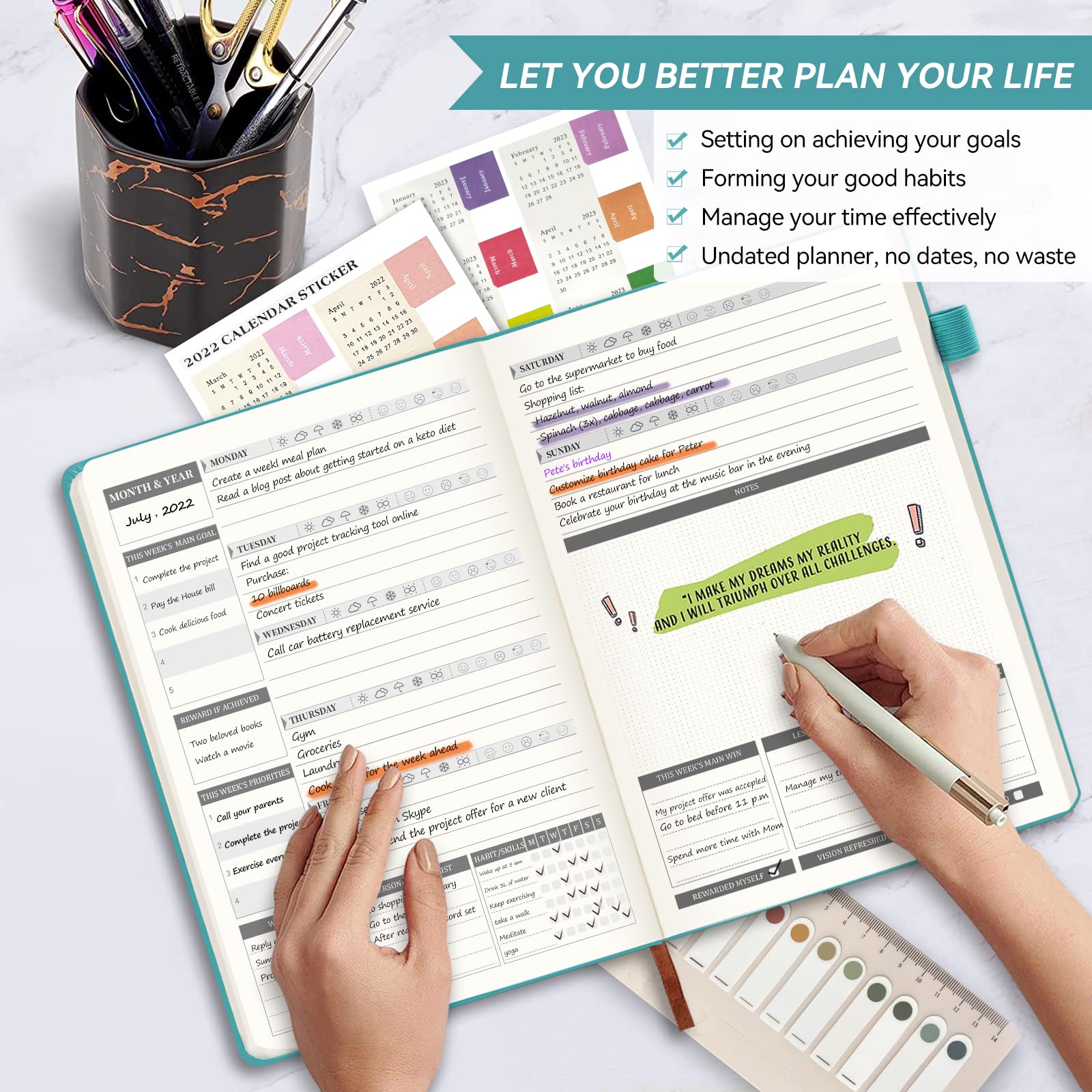 Soomeet Planner, Undated Weekly Planner, Goal Planner, Calendar Stickers, Faux Leather Cover, Time Management Manual and Planner, A5 Hardcover with Ruler, 200 Pages, Lake Blue