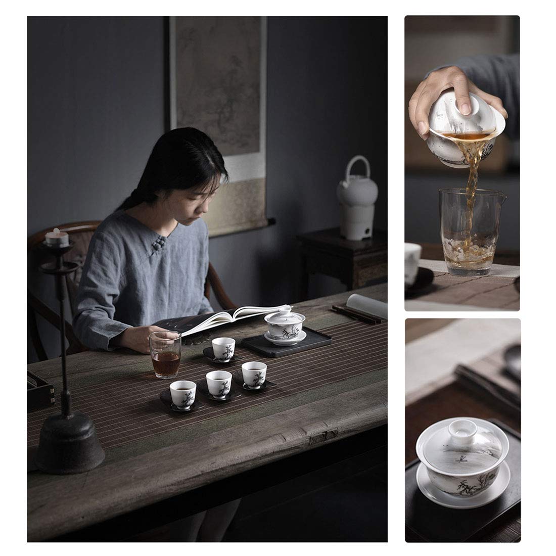 Teacups set,QMFIVE,Chinese Traditional Teaware Blue and White Porcelain Gaiwan Kungfu Tea bowl with Lid and Saucer - 6oz/180ml,Seclusion