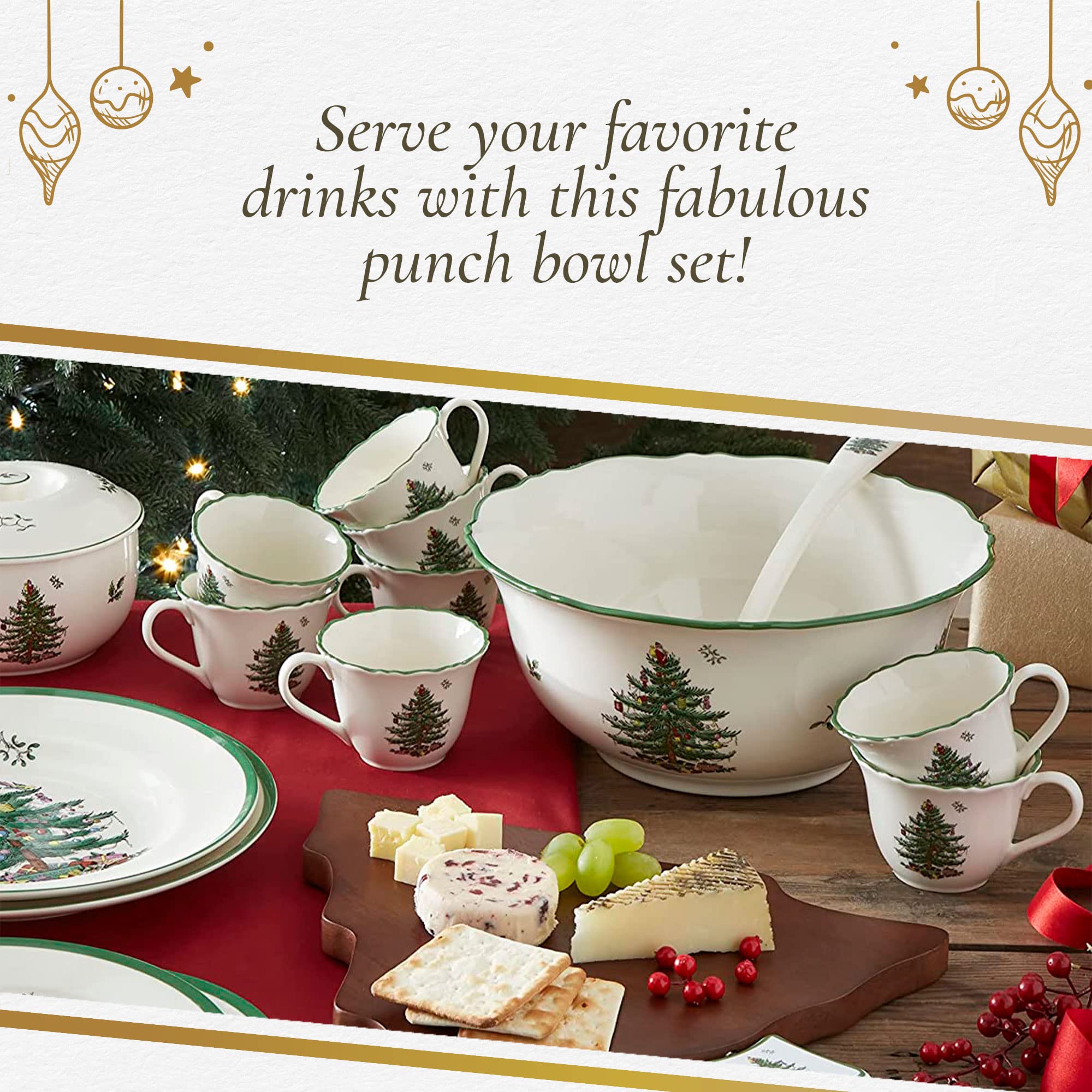 Spode Christmas Tree 10 Piece Punch Bowl Set- Made of Fine Porcelain Includes - 1 Punch Bowl - 1 Ladle - 8 Punch Cups - Punch Bowl is 11 Inch - Punch Cups are 8 oz.