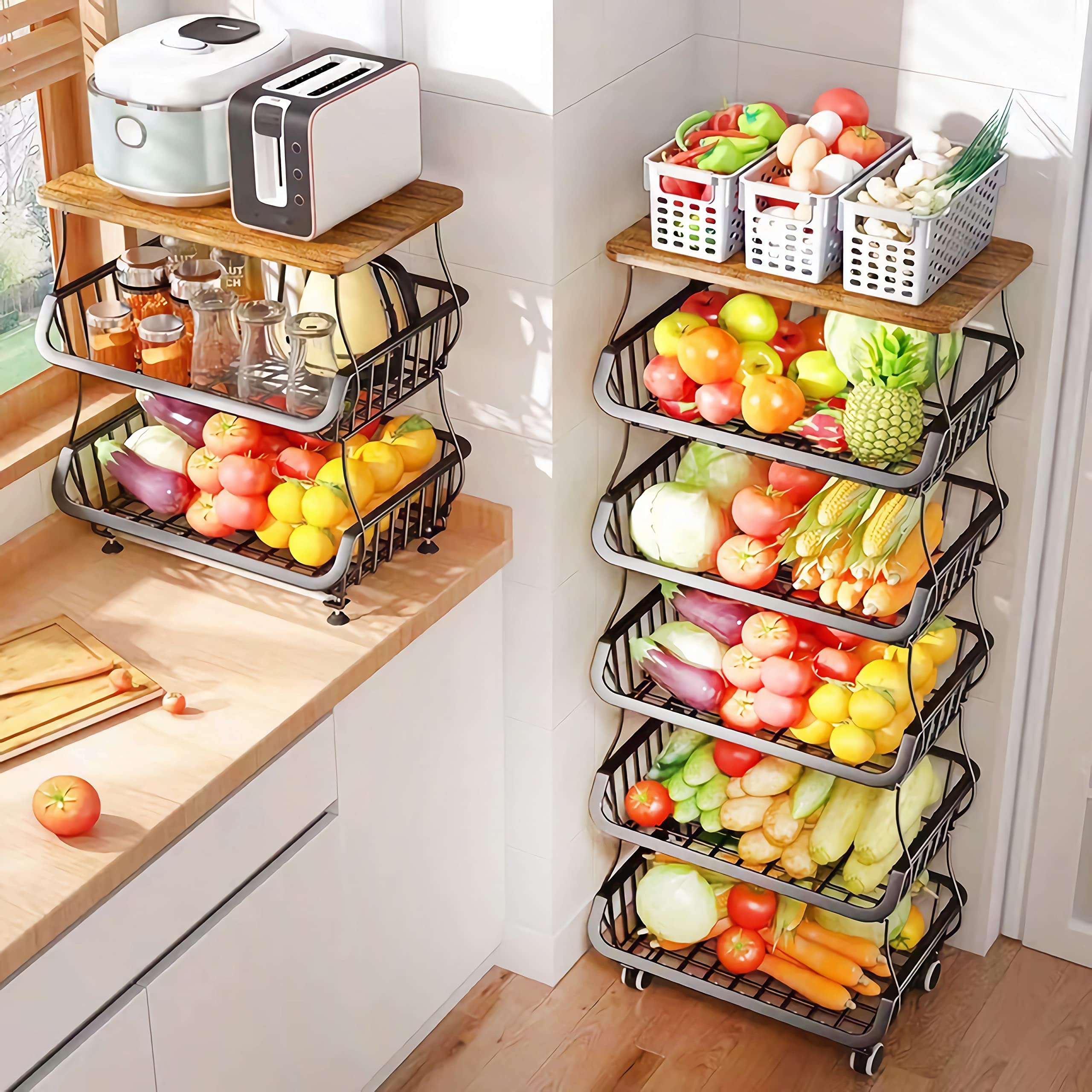 MURRI&MURRDI Kitchen Storage Cart with Top, 5 Tier Rolling Cart with Wheels Rolling Rack Storage Cart for Pantry, Can be Used as Kitchen Cart Fruit Basket Stand for Kitchen (Black, 5 Layer)