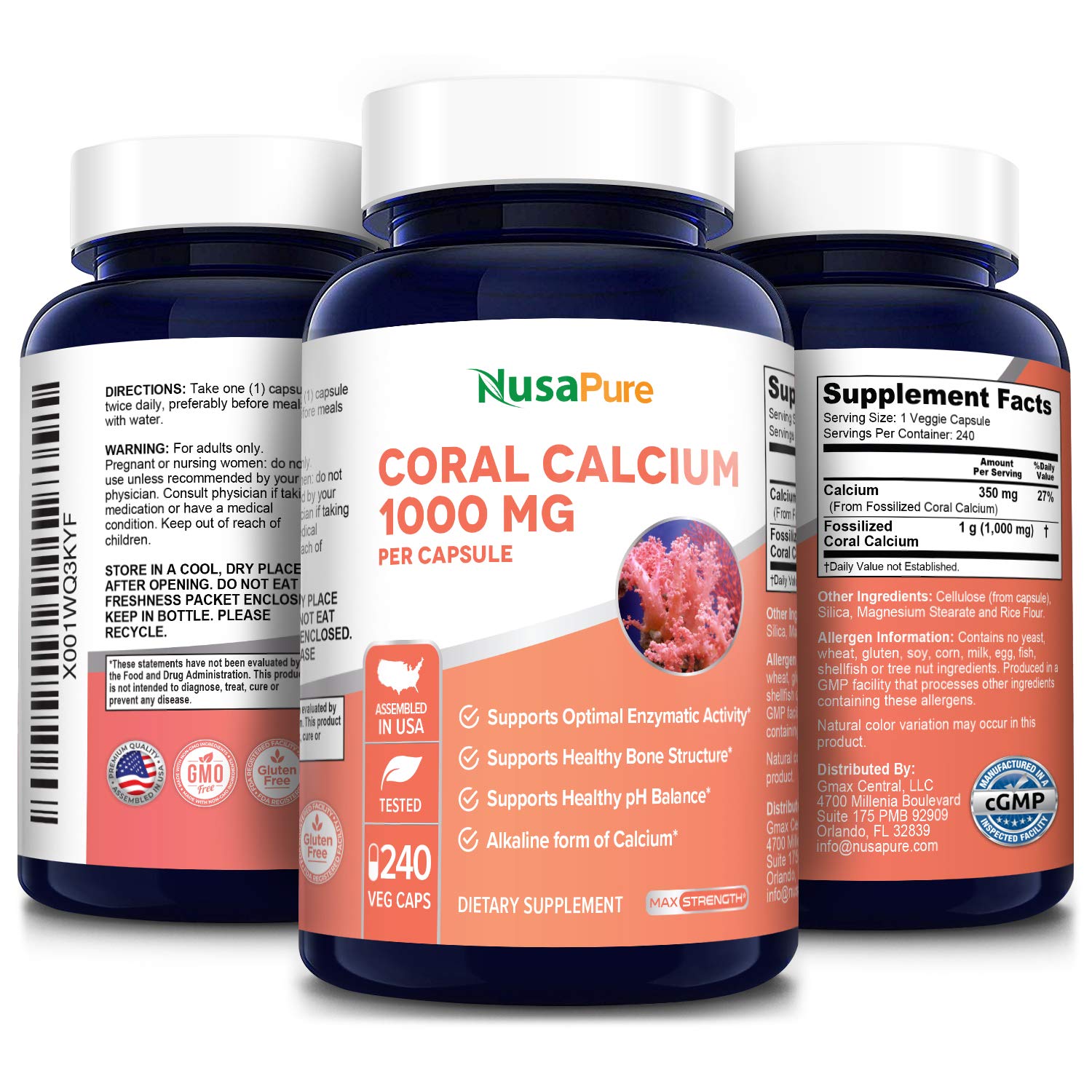 NusaPure Coral Calcium 1000 mg - 240 Caps (Non-GMO & Gluten-Free)
