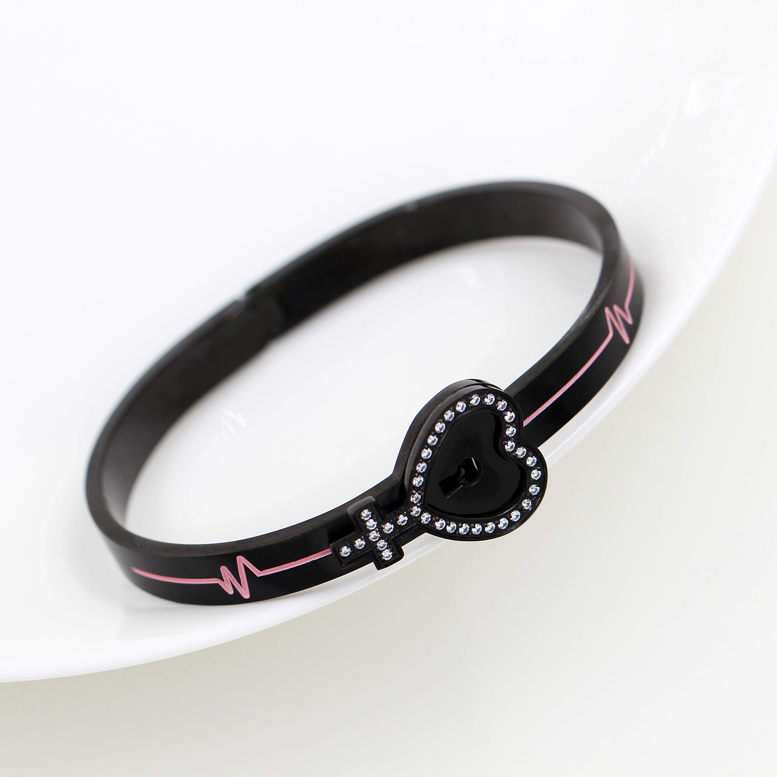 Stainless Black Heart Lock Bangle Heartbeat Line CZ Pave Cross Cuff Bracelet with Shield Key Pendant Necklace Couples Set (Heart, Black)