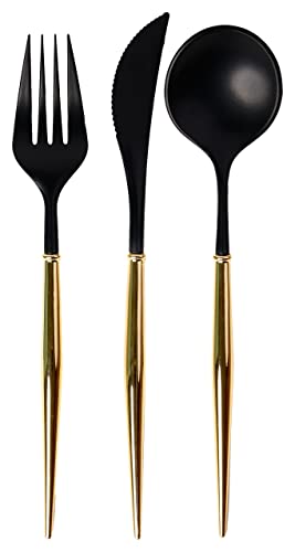 Sophistiplate Bella Flatware Cutlery Set for 12 | Fork, Spoons & Knives Silverware Utensil Set | Reusable Dinnerware Sets Plastic & Top Rack Dishwasher Safe | Black with Gold Handles