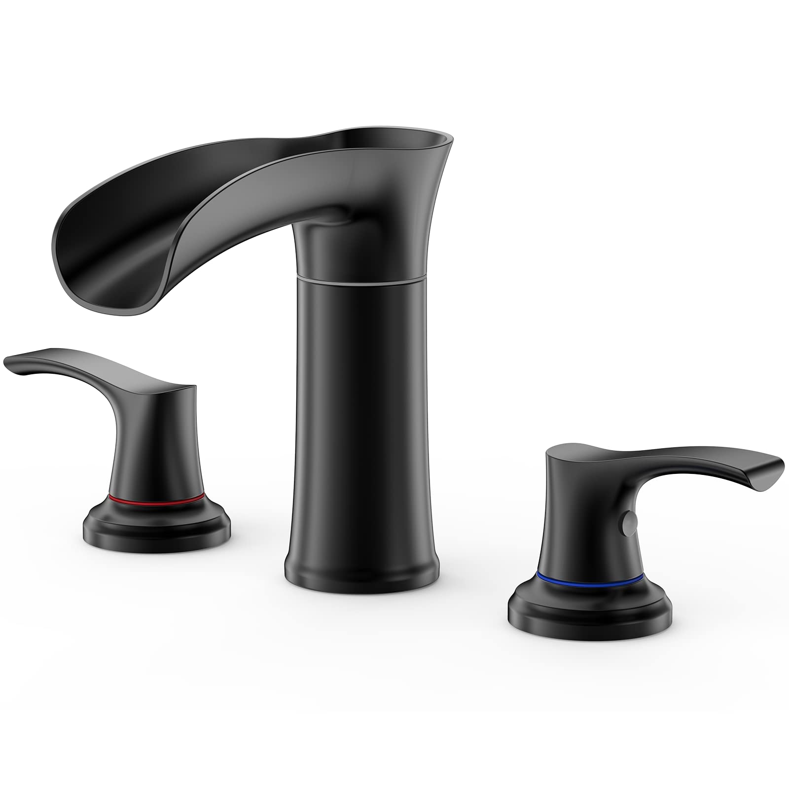Waterfall Bathroom Faucet, WaterSong 3-Hole 8 Inch Bathroom Sink Faucet for 360-Degree rRotation, 2-Handle Vanity Faucets with Supply Lines, Widespread Spout Faucet for RV Bathroom Sink, Matte Black