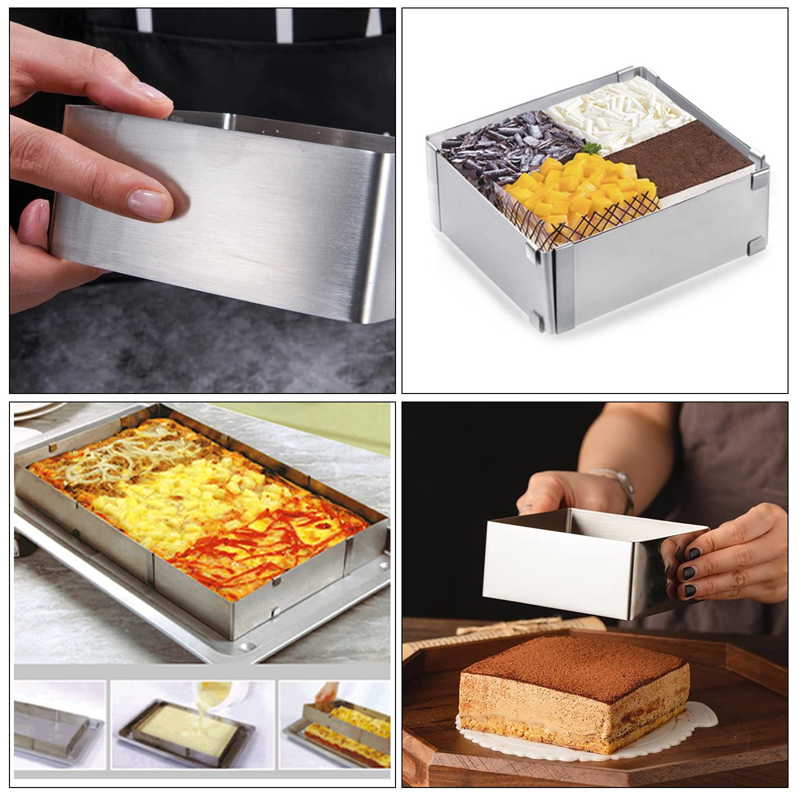 YOUEON 4 Pack Square Cake Molds Ring Adjustable from 6" to 11", Stainless Steel Mousse Cake Ring, Baking Molds, Pastry Making Tool for Birthday Cake, Party Dessert, Handmade Snack