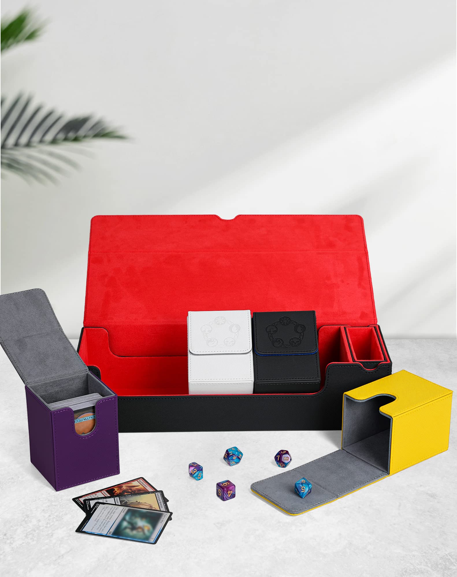 ZLCA Card Deck Box 5 In 1, Include 1600+ Premium Trading Card Storage Box with Dice Tray, and 4 PCS Card Deck Case for MTG, TCG, Sports Cards, Card Gaming Accessories Present Set (Black & Red Set 2)