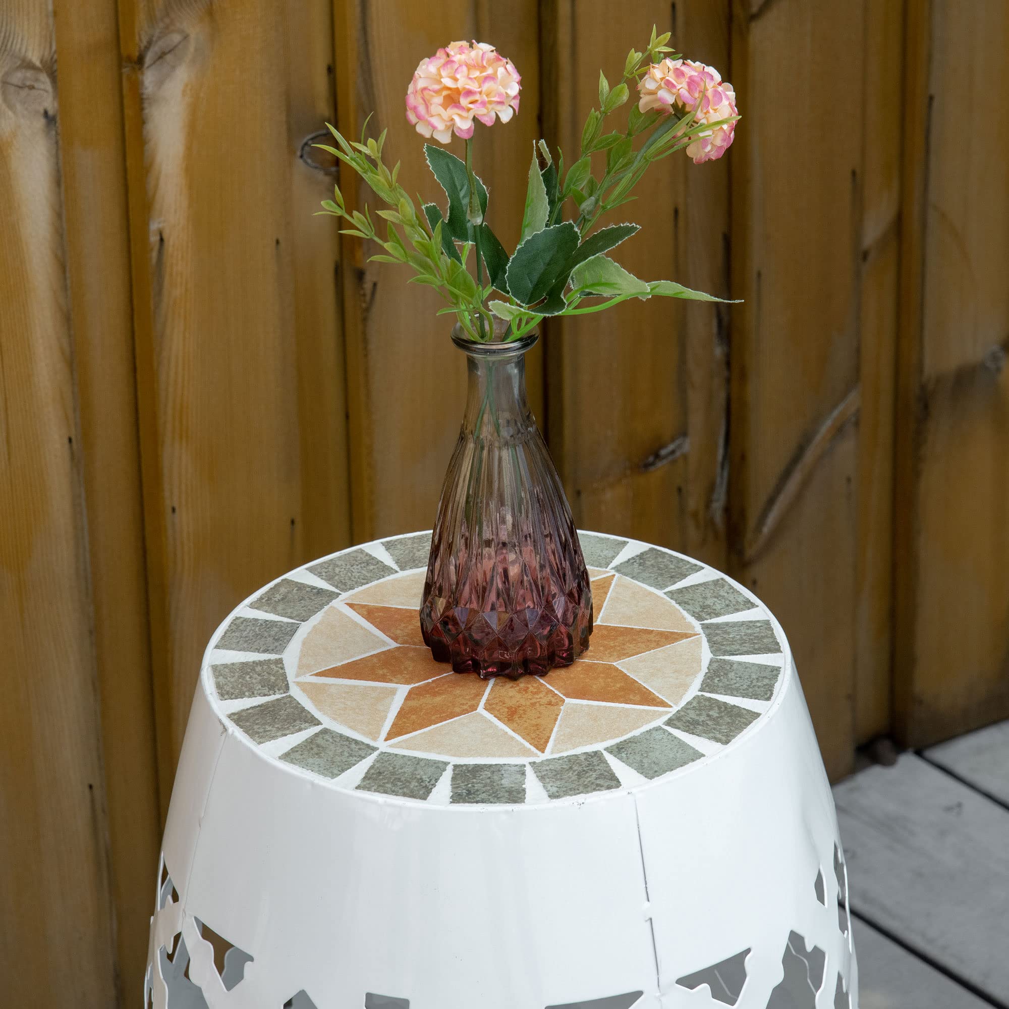 Outsunny 12" Patio Round Side Table, Outdoor Footstool, Garden Mosaic Accent Side Table, Plant Stand, White