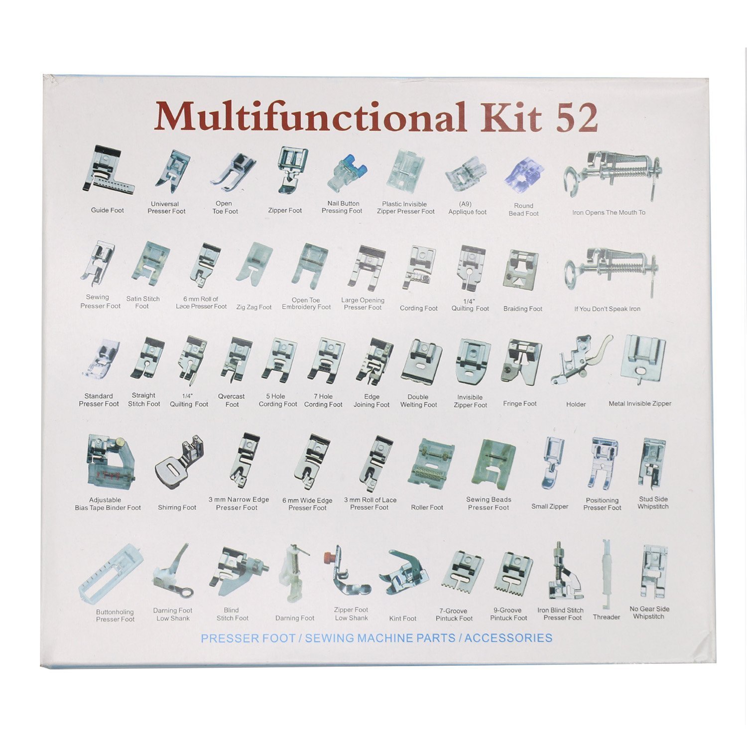 Professional 52pcs Sewing Machine Sewing Foot Presser Foot Presser Feet Set with Manual & Plastic Storage Box for Singer, Brother, Babylock, Janome and Kenmore Low Shank Sewing Machines