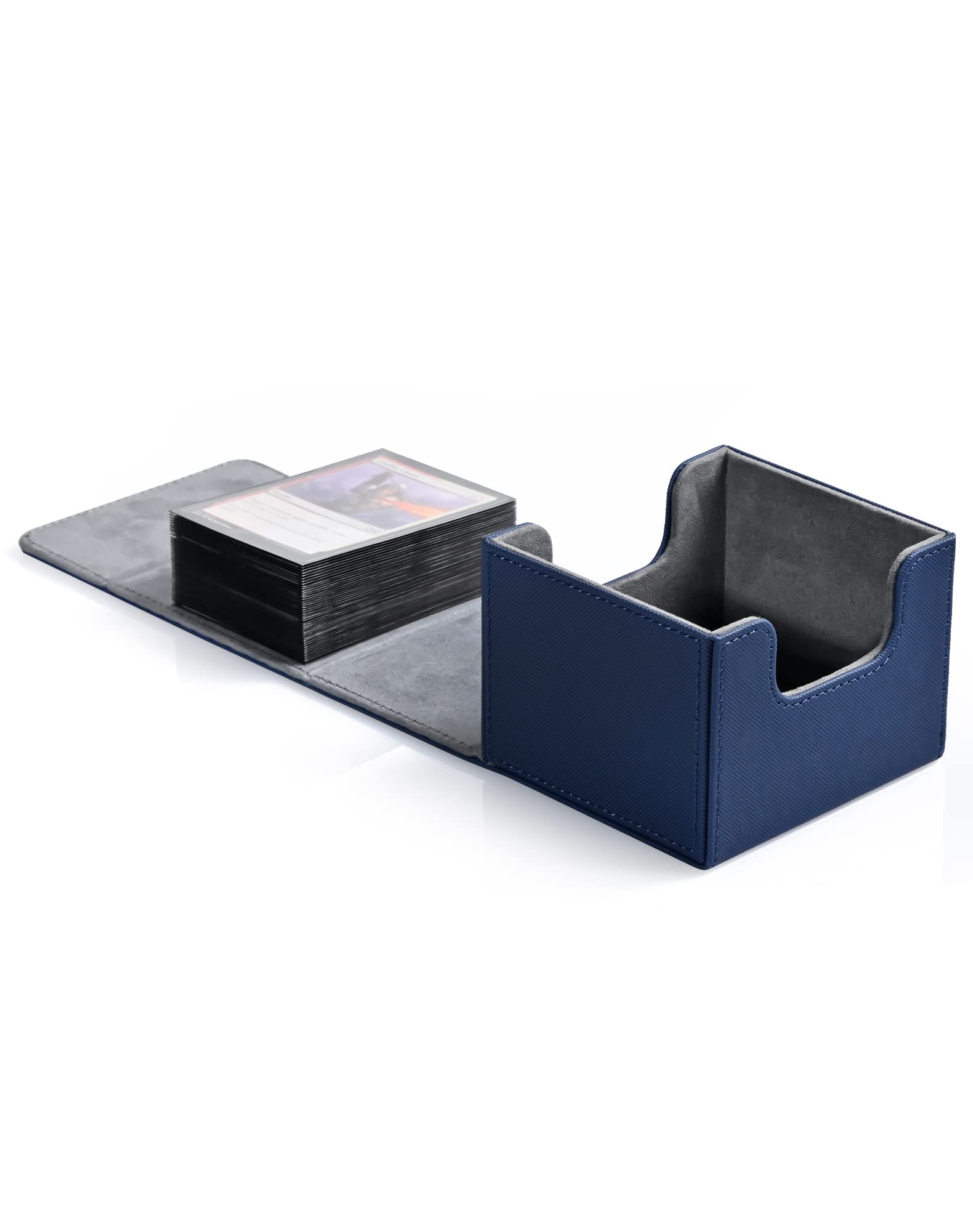 ZLCA Card Deck Box with 2 Dividers for MTG Cards, Large Horizontal Card Storage Box Fits 150+ Single Sleeved Cards, PU Leather Commander Deck box for TCG CCG (Navy)