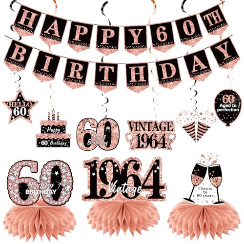 Rose Gold 60th Birthday Banner Decorations for Women, 10Pcs Happy 60th Birthday Banner Vintage 1964 Honeycomb Centerpieces Swirls Kit, Sixty Bday Banner Ceiling Table Topper Party Supplies