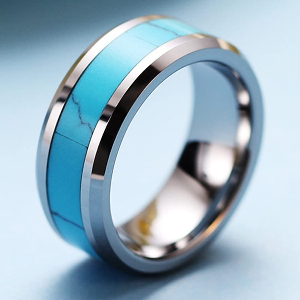 Stainless Steel Created Blue Turquoise Band Style Wedding Ring (Blue, 6)