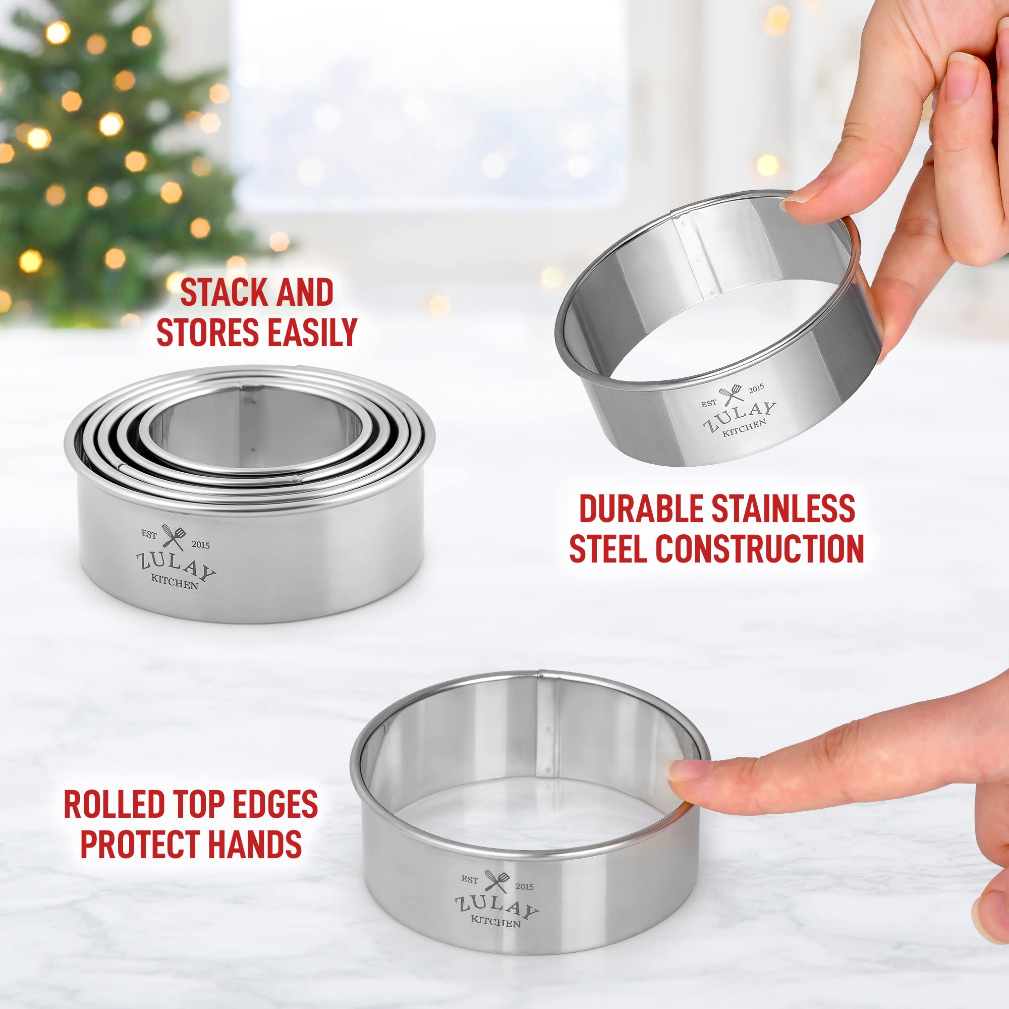 Zulay (5-Pieces) Round Cookie Cutters - Stainless Steel Rustproof Circle Biscuit Cutter Molds - Assorted Round Cookie Cutters With Rolled Top Edges For Dough & Pastries