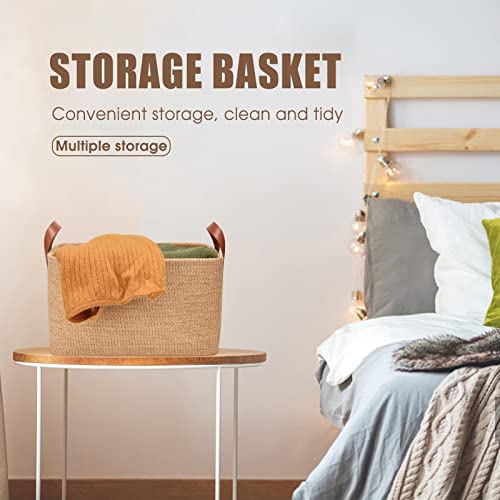 Sarmyarc 2 pieces of fabric storage bins, foldable jute woven storage basket with leather handle for easy access, storage bins for organizing closets, shelves and living rooms.