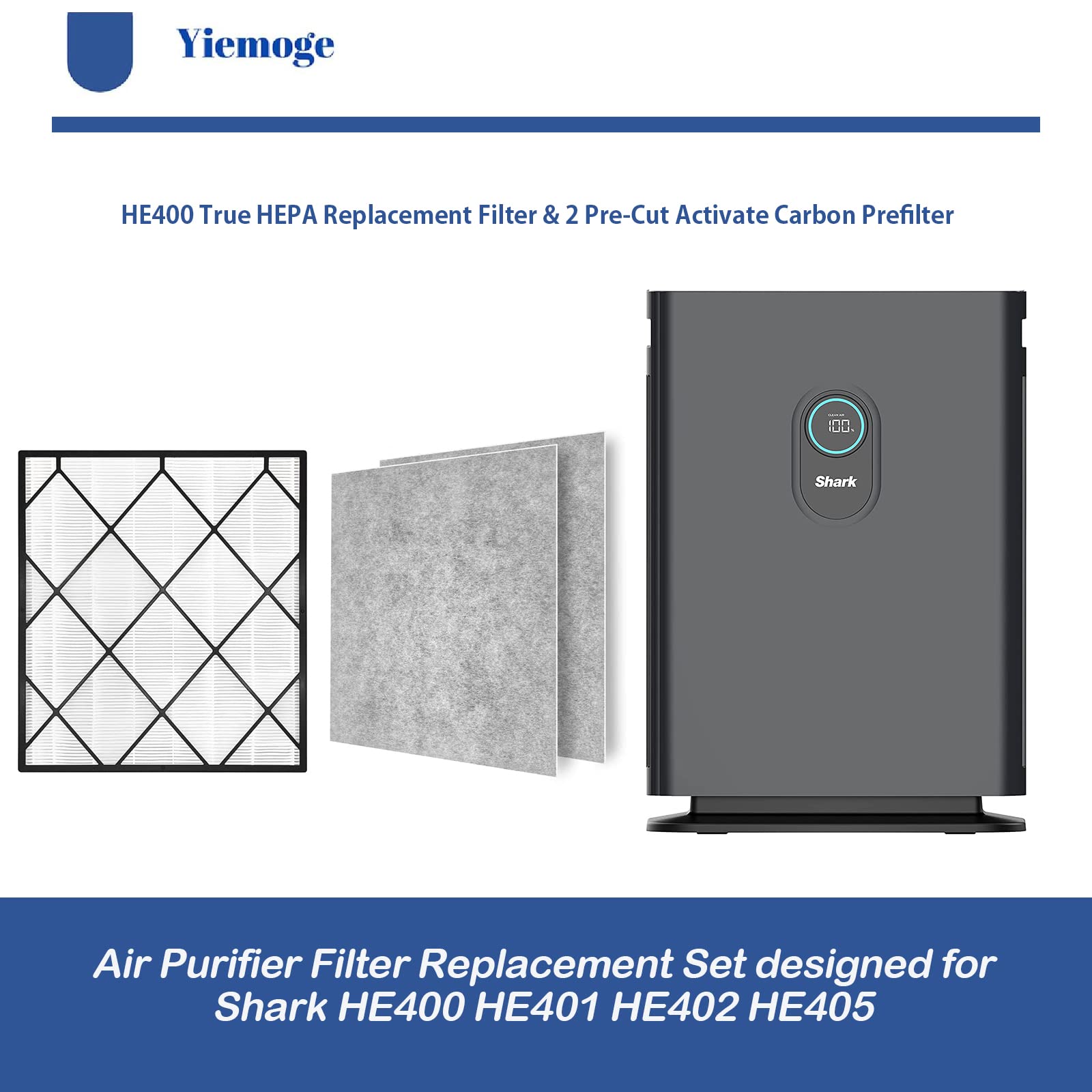 Yiemoge HE400 True HEPA Replacement Filter and 2 Pre-Cut Activate Carbon Prefilter Set, Compatible with Shark HE400 HE401 HE402 HE405, Model HE4FKBAS (1 HEPA Filter & 2 Carbon Prefilters)