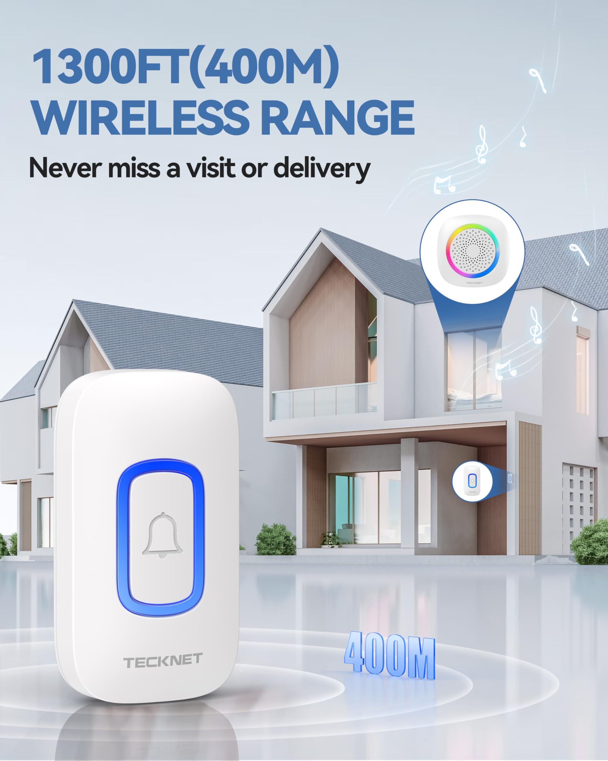 TECKNET Wireless Doorbell, Plug and Play, IP66 Waterproof Doorbell with RGB Light, 1300ft Door bell Kit, 60 Chimes & 5 Level Volume, 4.5 Years Using Time Cordless Doorbell for Classroom, Home