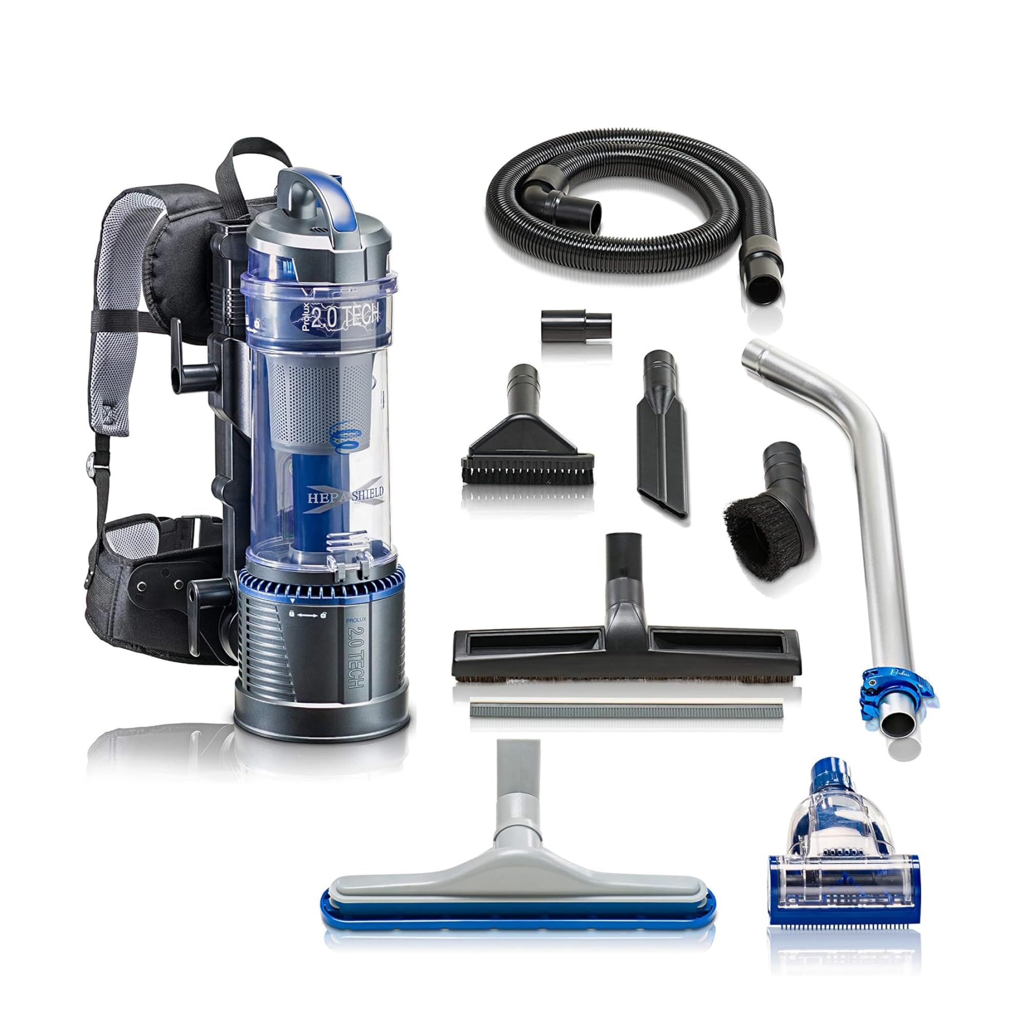 Prolux 2.0 Standard Bagless Backpack Vacuum Cleaner, Lightweight & Comfortable for Residential & Industrial Use, Double HEPA Filtration, Multiple Attachments, Padded Straps