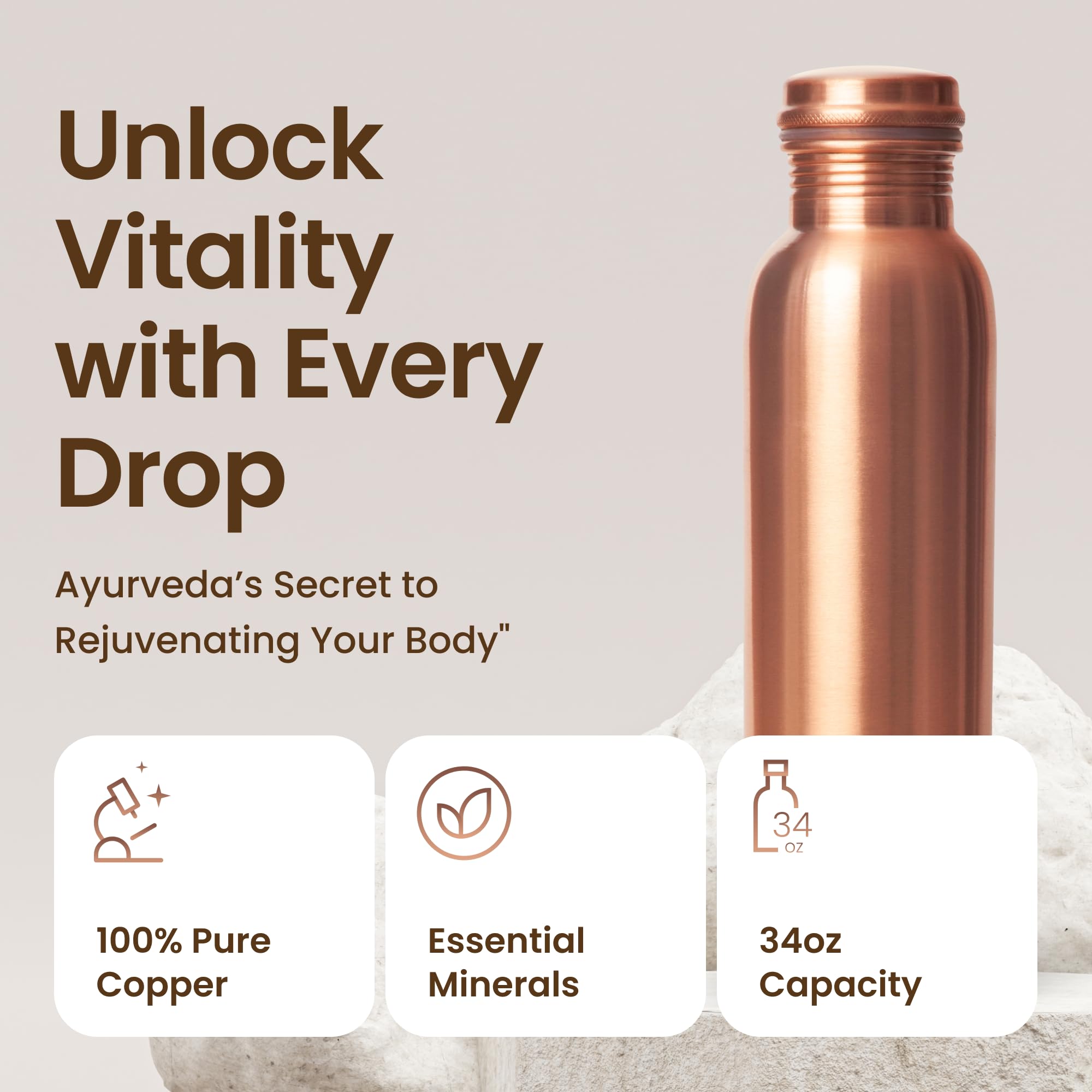 Otiem 34oz Pure Copper Water Bottle for Drinking β Large Handcrafted Ayurvedic Copper Water Bottle, Leak Proof Lid β Smooth Finish Copper Bottle Water Vessel β 100 Copper Drinking Water Bottle 34 Oz