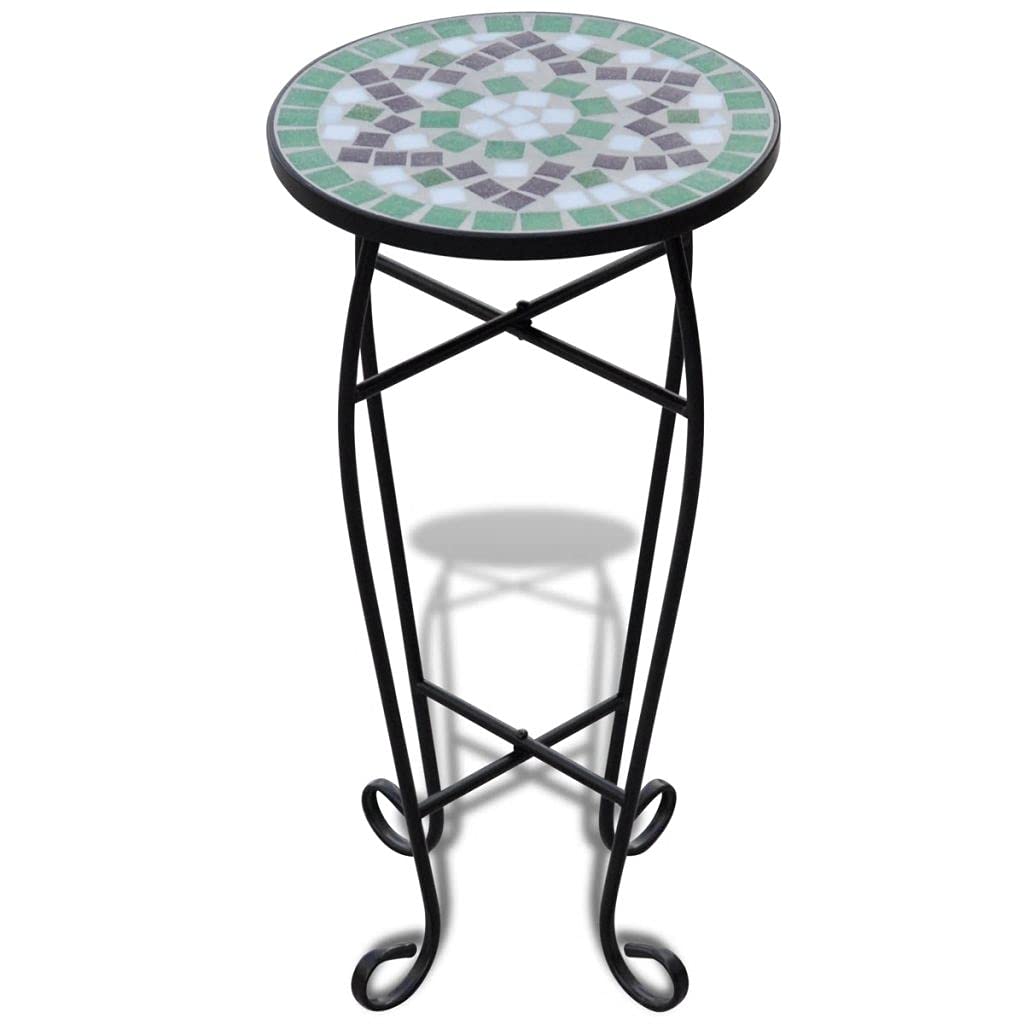 NusGear Mosaic Side Table Plant Table Green White, Material: Iron Tube + Ceramic Tile -130