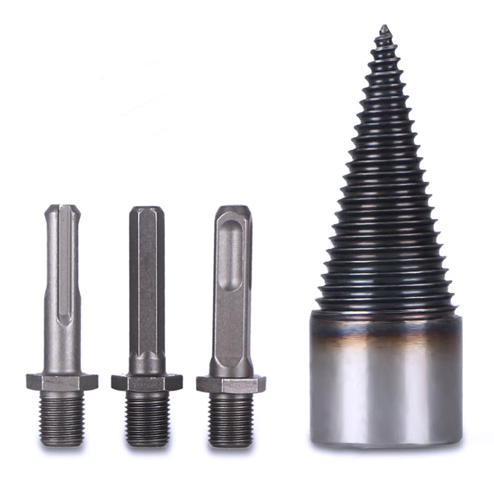 ZXLOYOS Firewood Drill Bit Wood Splitter with 3 Shank Hex + Square + Round, Removable Heavy Duty Drill Screw Cone Driver for Electric Drills, 32mm