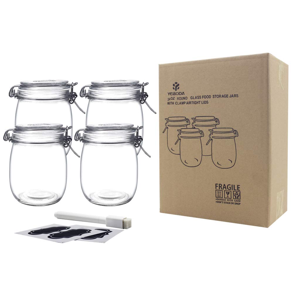 YEBODA 24oz Food Storage Canister Glass Jars with Clamp Airtight Lids and Silicone Gaskets for Multi-Purpose Kitchen Containers - Clear Round (4 Pack)